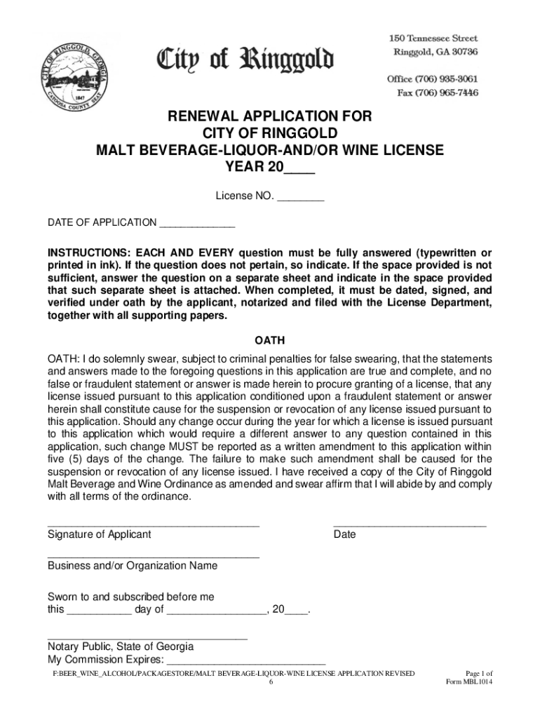 Fillable Online RENEWAL APPLICATION FOR CITY OF RINGGOLD MALT BEVERAGE-LIQUOR-AND/OR ... Fax ...