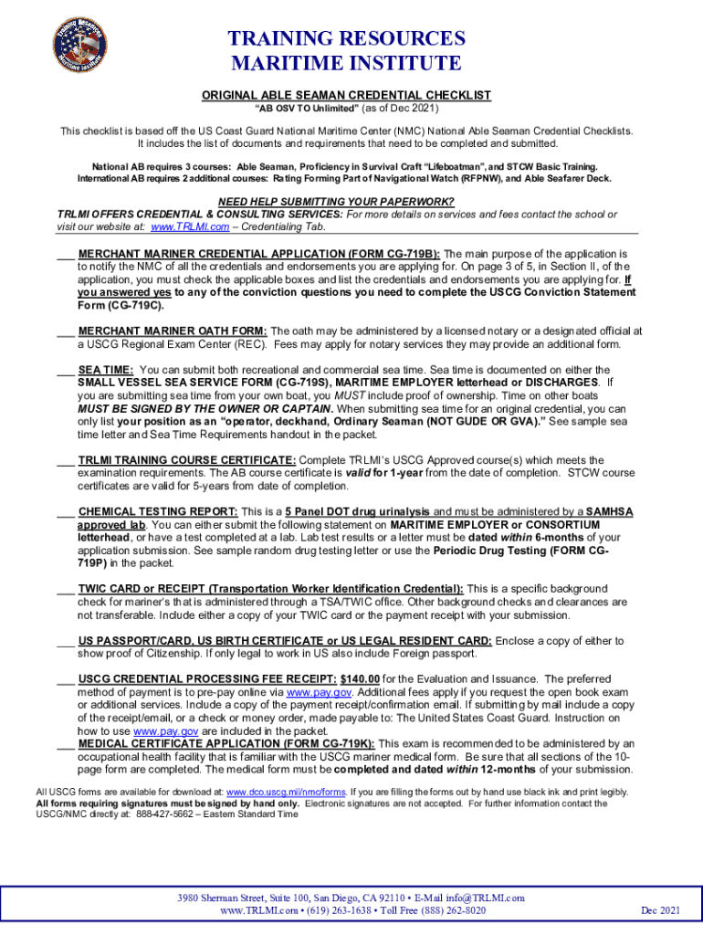 Fillable Online USCG Forms & Checklists - Training Resources Maritime ...