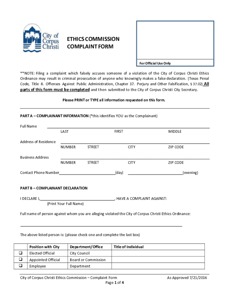 Fillable Online ETHICS COMMISSION COMPLAINT FORM Fax Email Print ...