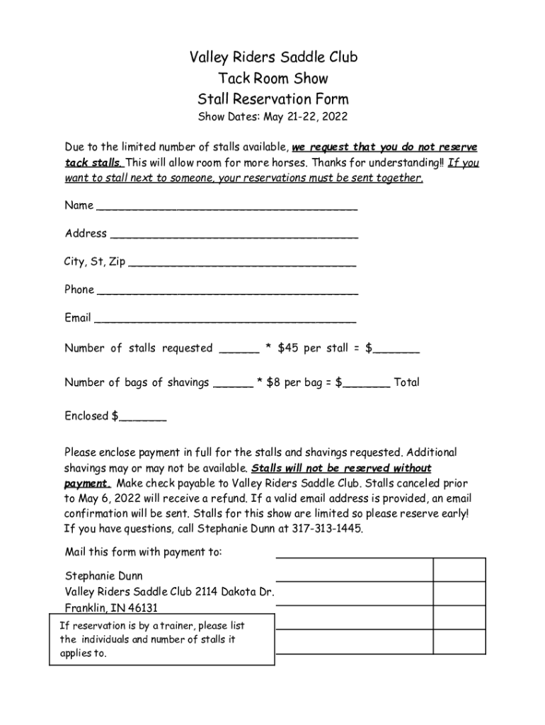 Fillable Online Stall Reservation Form Tack Room Show Valley Riders ...