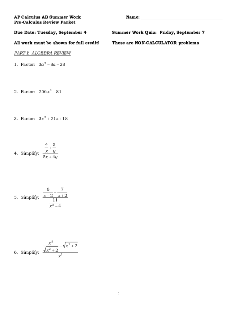 Fillable Online Pre-Calculus Review Packet Due Date: Tuesday, Septembe ...