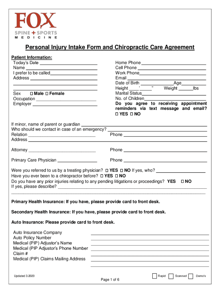 Fillable Online Personal Injury Intake Form And Chiropractic Care ...