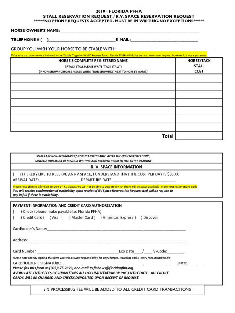 Fillable Online Florida Paso Fino Horse Association2019 Stall & RV ...