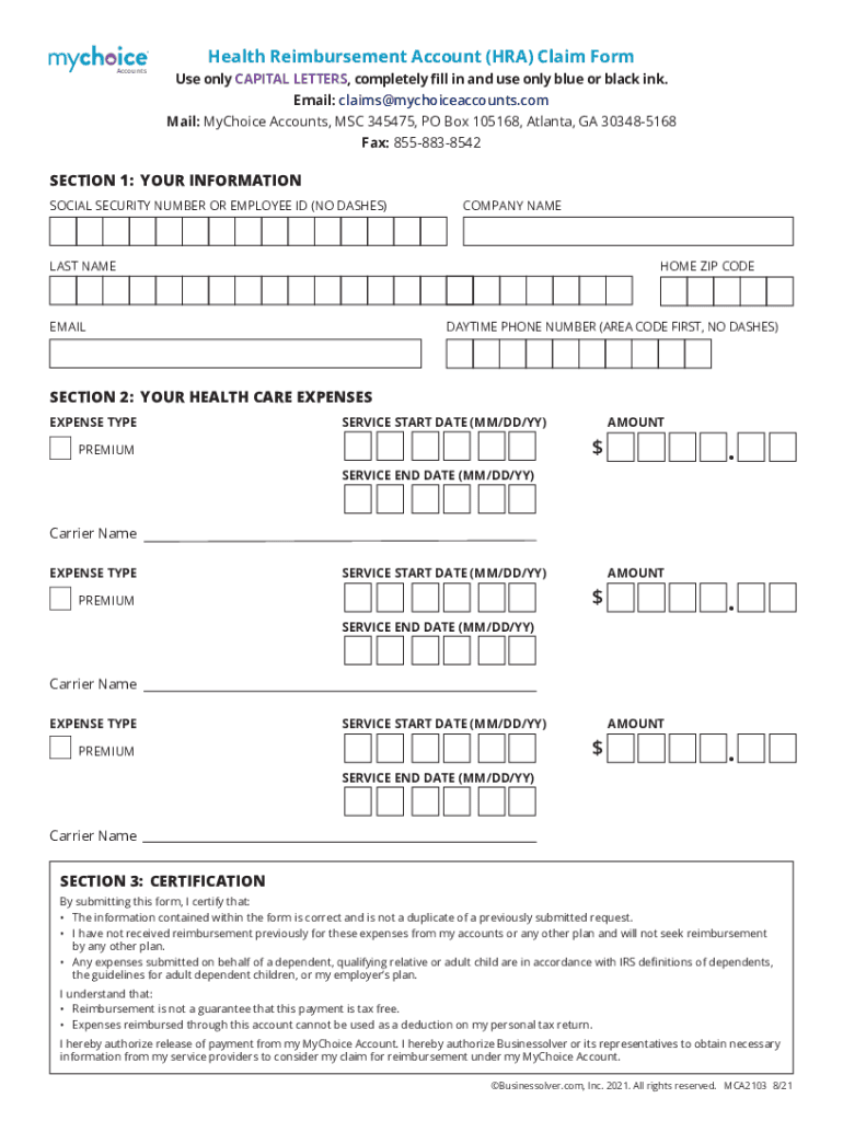 Fillable Online Health Reimbursement Account (HRA) Claim Form (Retiree-Premium) Fax Email Print ...