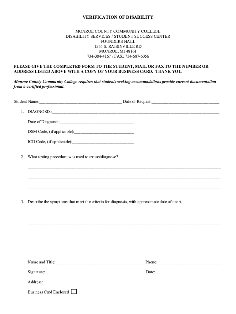 Fillable Online MCCC Student Disability Verification Fax Email Print ...