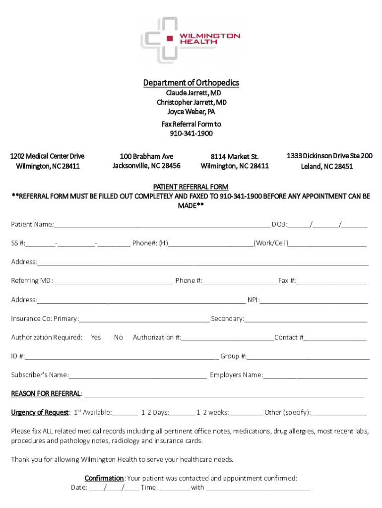 Fillable Online Dr. Christopher A. Jarrett, MDWilmington ...