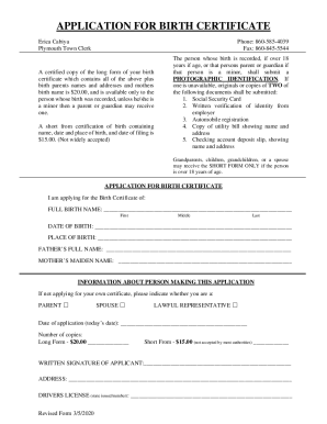 Fillable Online Certified Copies of Vital RecordsTown of Plymouth ...