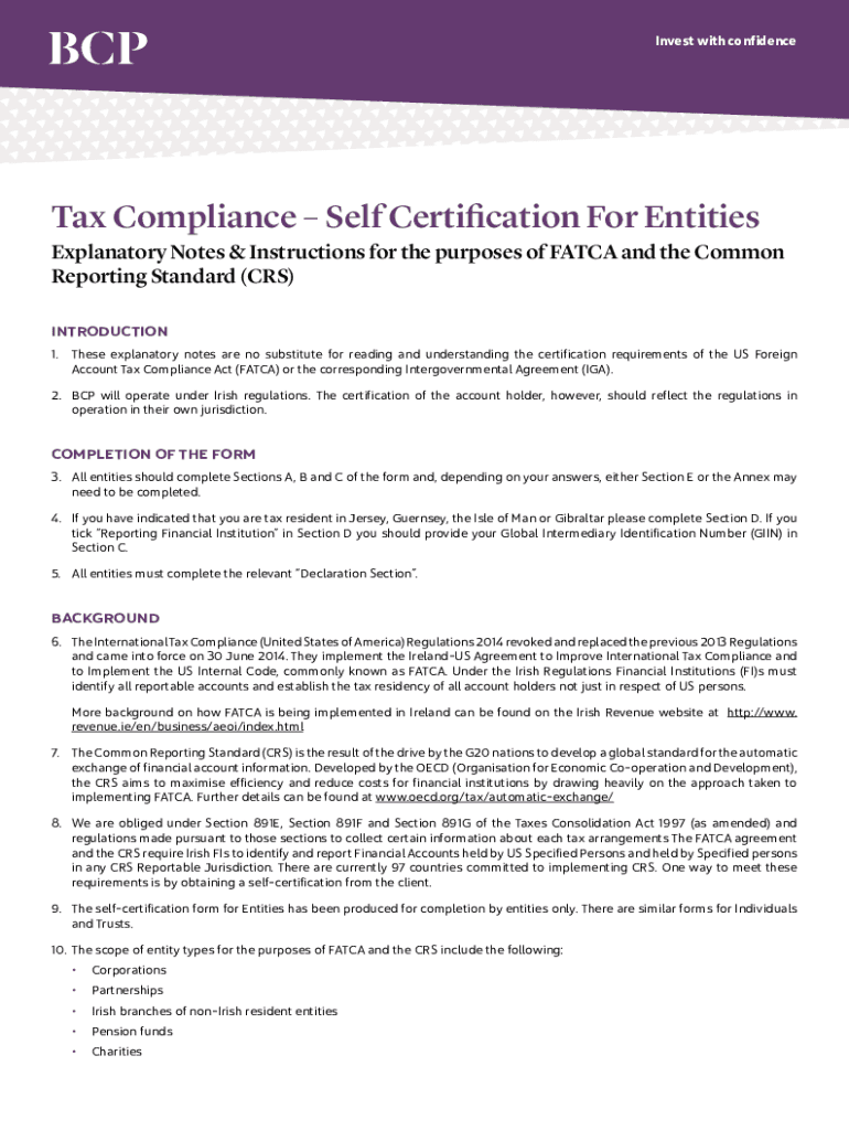 Fillable Online Tax Compliance Self Certification ... - BCP Asset ...