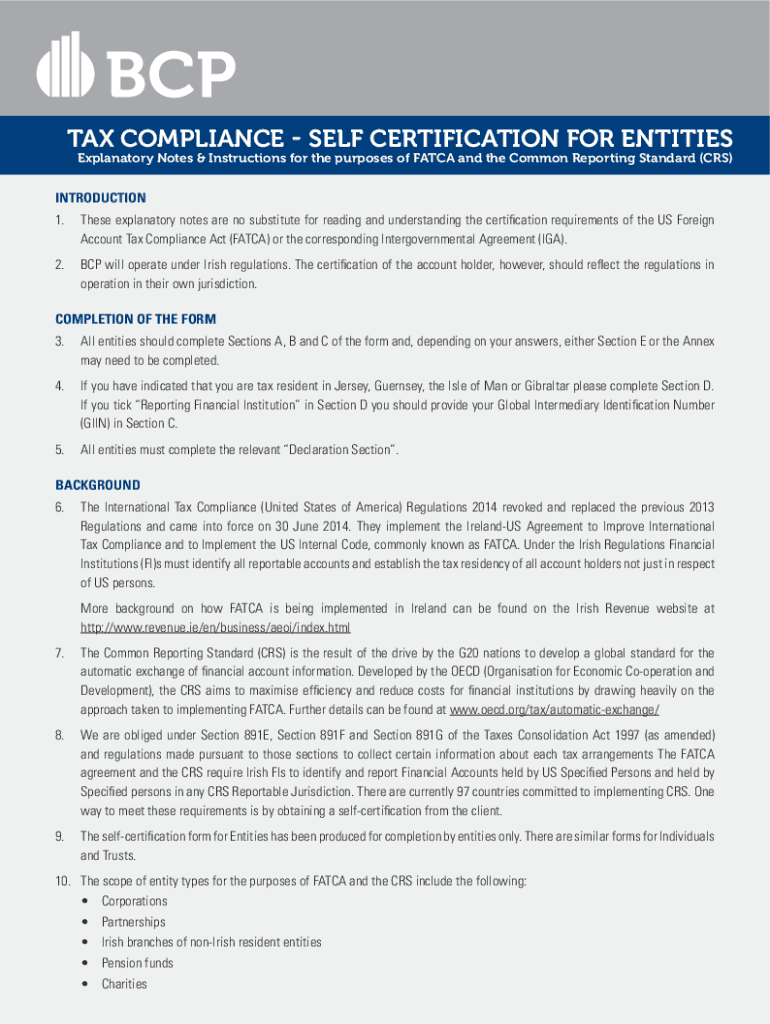Fillable Online tax compliance - self certification for entities Fax ...