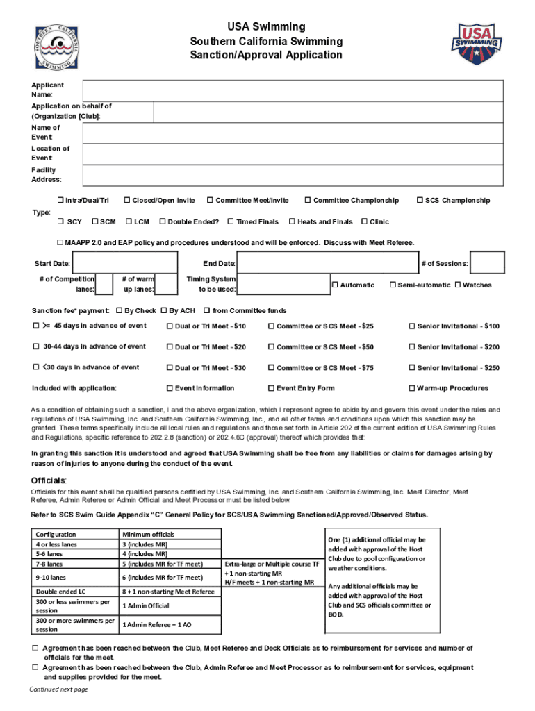 Fillable Online USA Swimming Southern California Swimming Sanction ...