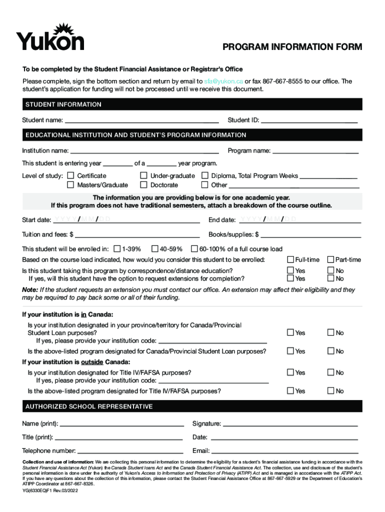Fillable Online PROGRAM INFORMATION FORM - yukon.ca Fax Email Print ...