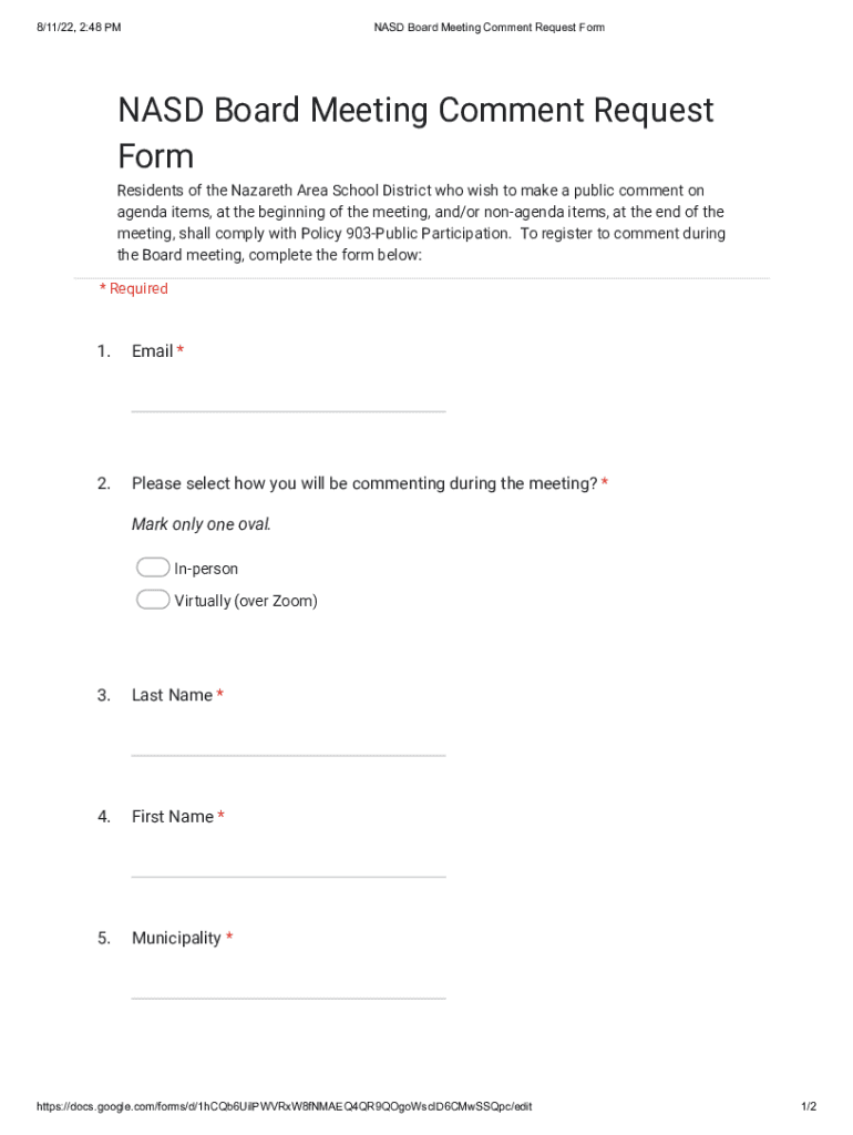 Fillable Online NASD Board Meeting Comment Request Form Fax Email Print ...