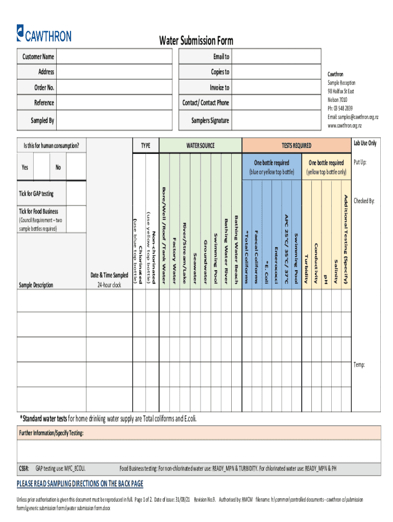 Fillable Online Water Submission Form. Submission form for generic ...