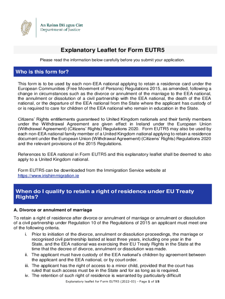 Fillable Online Explanatory Leaflet for Form EUTR5 Irish Immigration ...