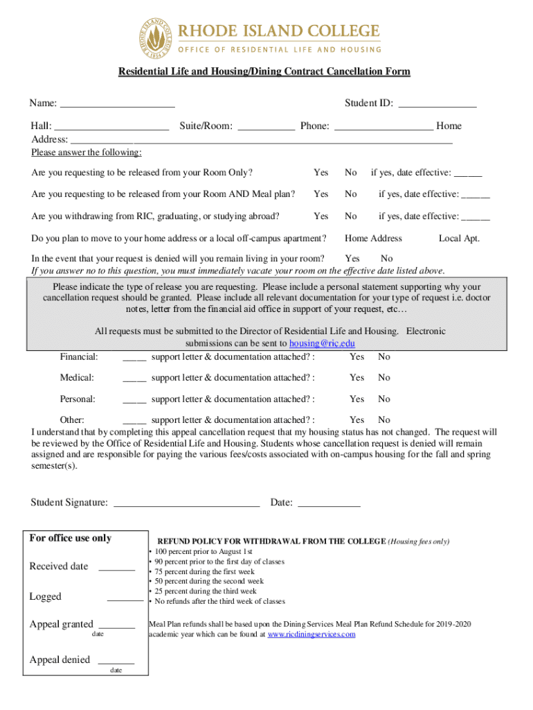 Fillable Online Housing Cancellation Request - Housing Services ...