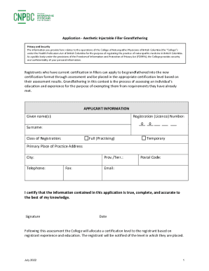 Fillable Online Application Aesthetic Injectable Filler Grandfathering ...