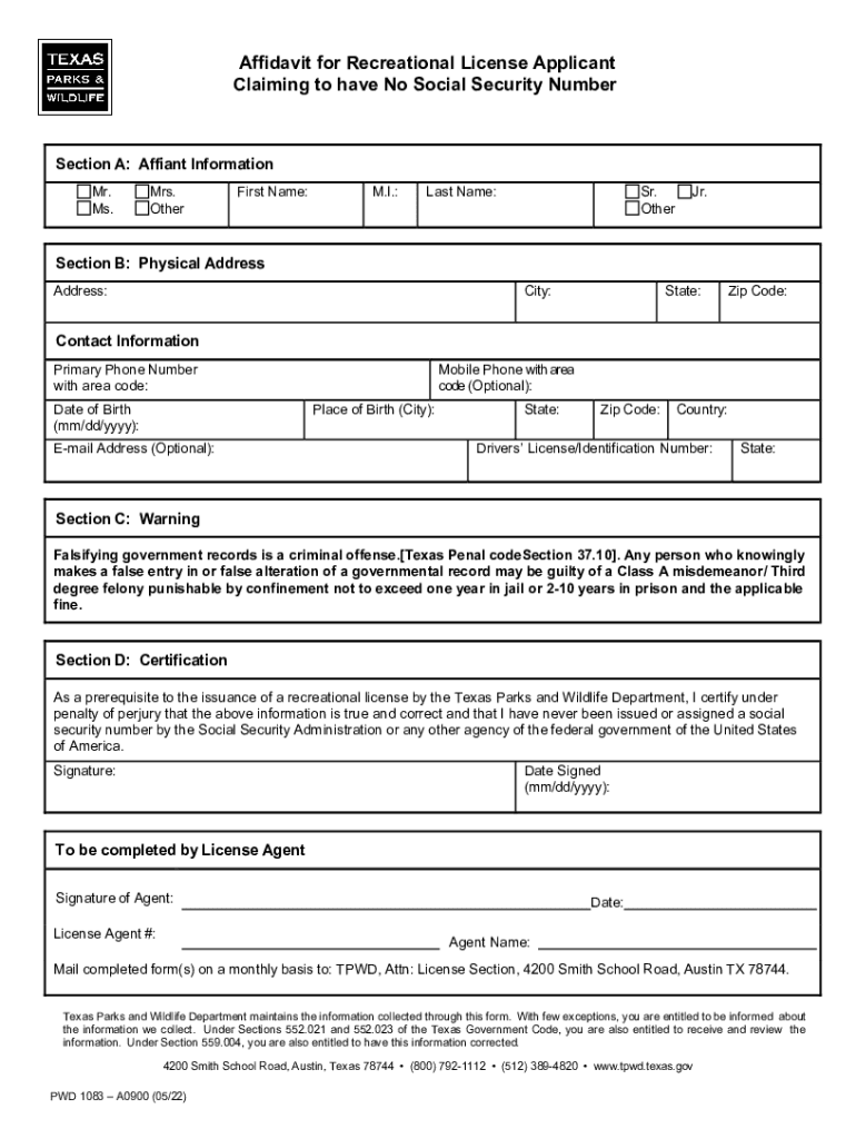 Fillable Online tpwd state tx Form PWD1083 "Affidavit for Recreational License Applicant ...