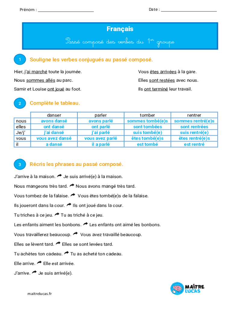 Fillable Online Pass compos - Cours et exercices de franais gratuitsListe des verbes du premier ...