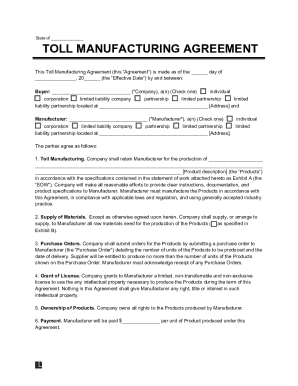 Fillable Online Toll Manufacturing Agreement Template - US Legal Forms ...