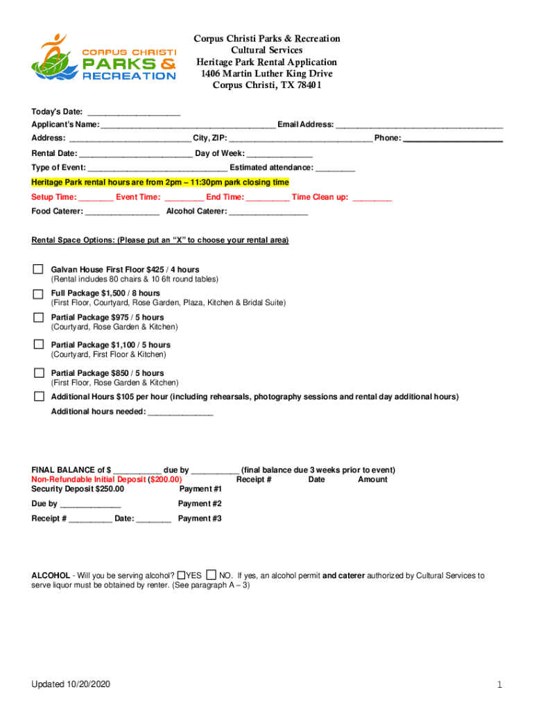 Fillable Online Corpus Christi Parks & Recreation Cultural Services ...
