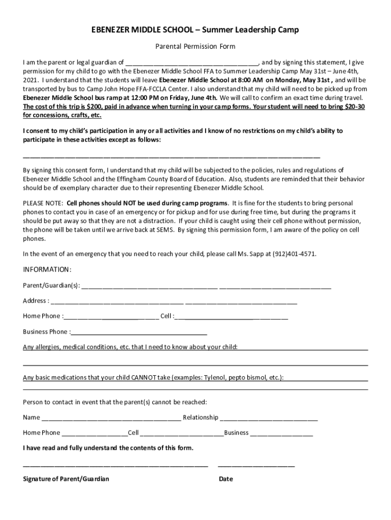 Fillable Online Summer Camp Parental Consent - PDF ...