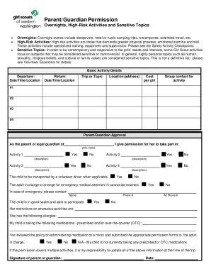 Fillable Online Caregiver Permission Form for Overnights, High-Risk ...