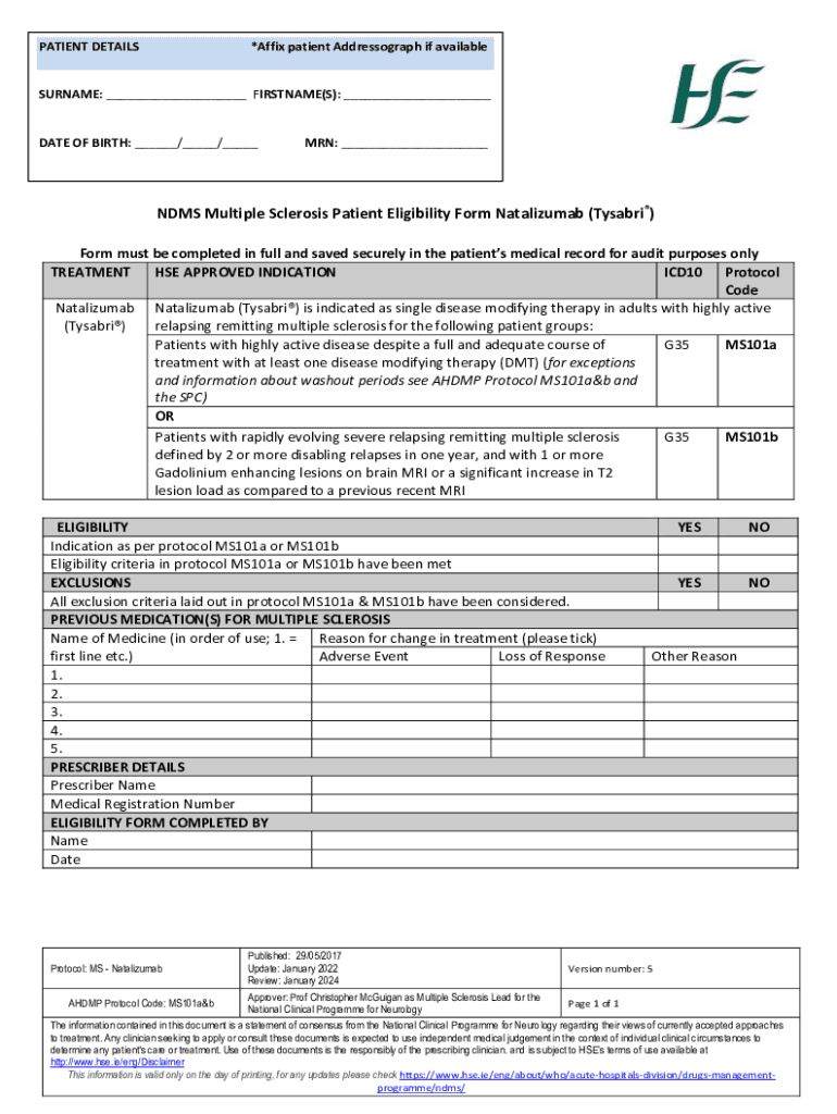 Fillable Online NDMS Multiple Sclerosis Patient Eligibility Form ...