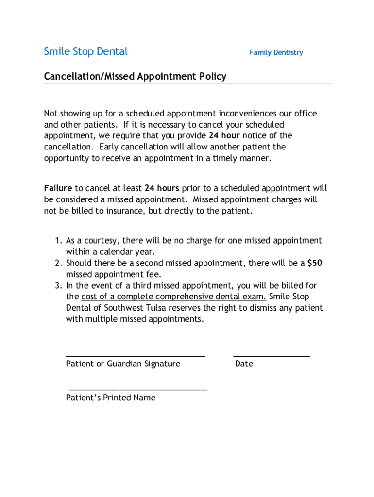 Fillable Online smilestopdental.comimagesCancellationPolicyCancellation ...