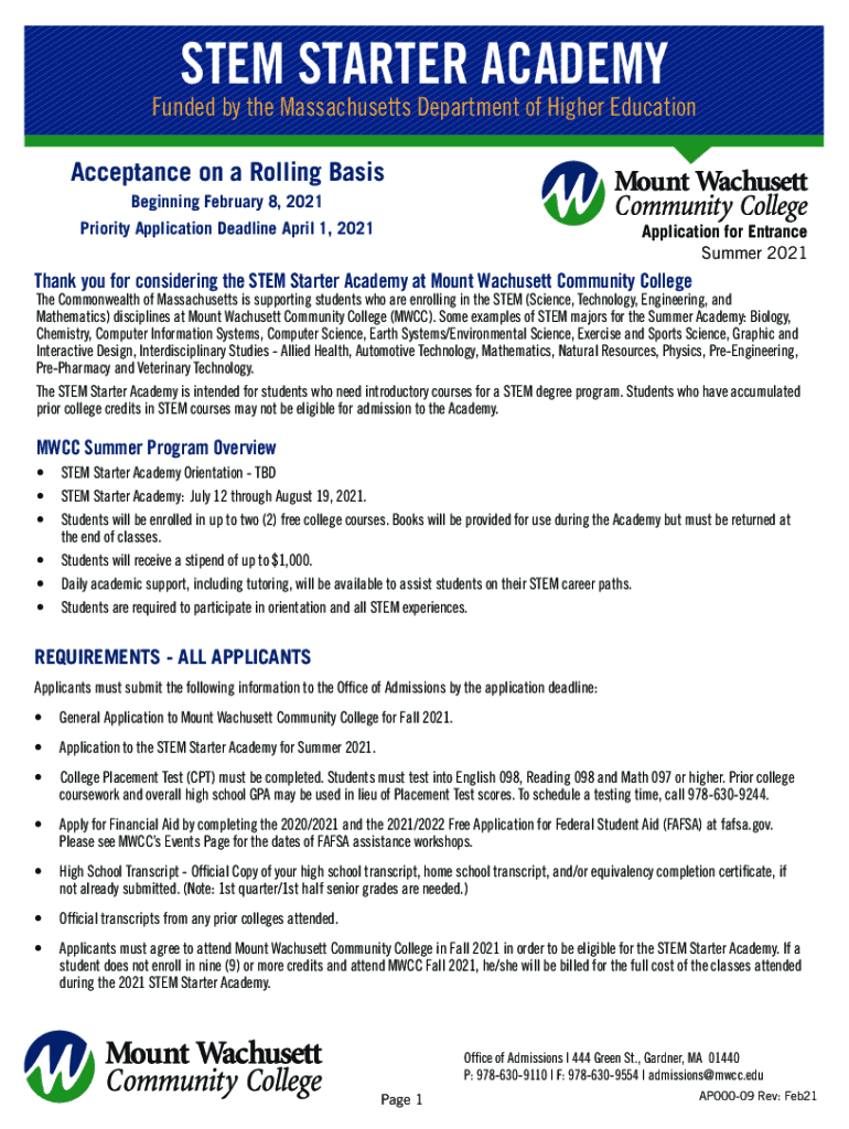 Fillable Online STEM STARTER ACADEMY Mount Wachusett Community College Fax Email Print - pdfFiller