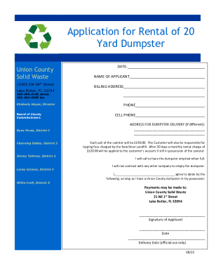 Fillable Online Application for Rental of 20 Yard Dumpster Fax Email ...
