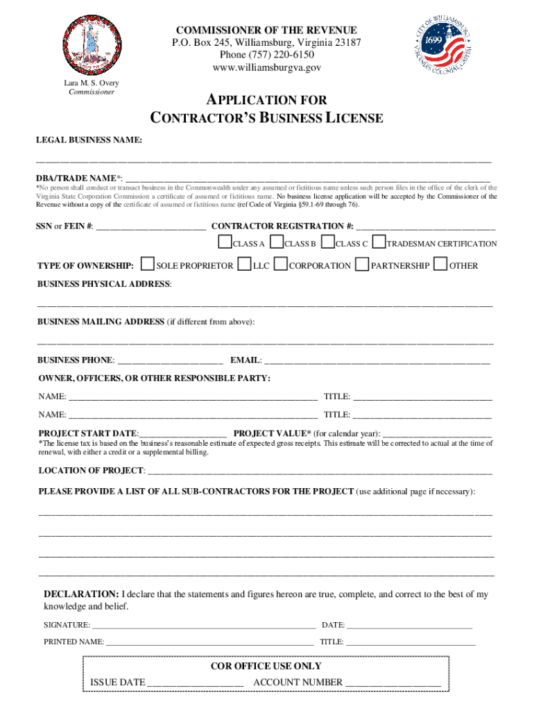 Fillable Online APPLICATION FOR CONTRACTOR'S BUSINESS LICENSE ... Fax ...