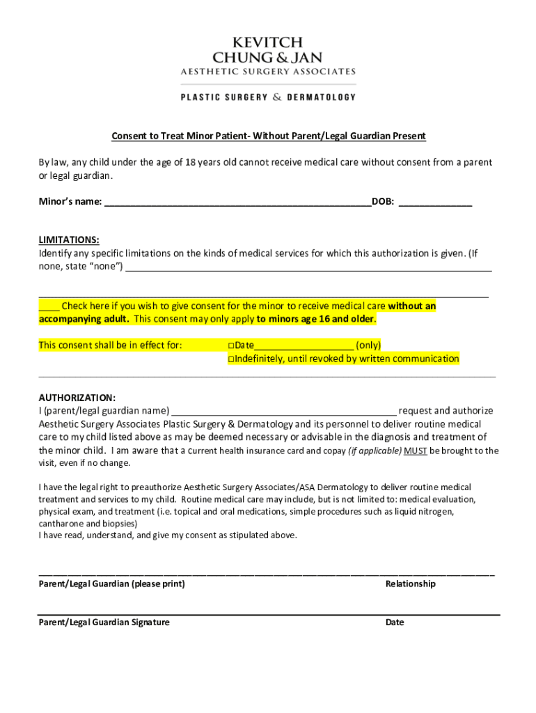 Fillable Online Consent to Treat Minor Without Parent.doc Fax Email Print - pdfFiller