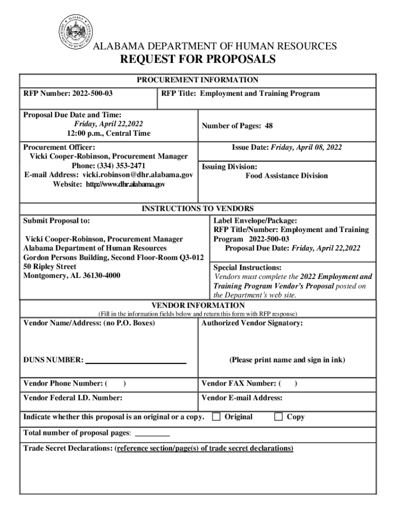 Fillable Online dhr alabama REQUEST FOR PROPOSAL NO. 2021-01 - Alabama ...