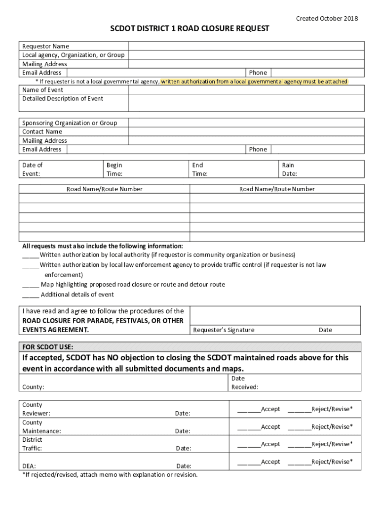 Fillable Online SCDOT DISTRICT 1 ROAD CLOSURE FOR PARADES, FESTIVALS ...