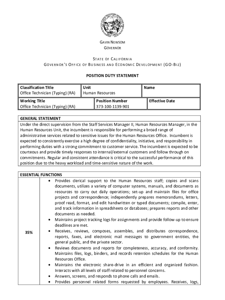 Fillable Online POSITION DUTY STATEMENT Classification Title Office ...