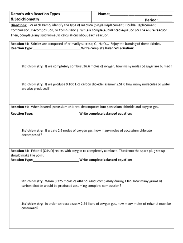 Fillable Online Demo's with Reaction Types & Stoichiometry Name Fax ...