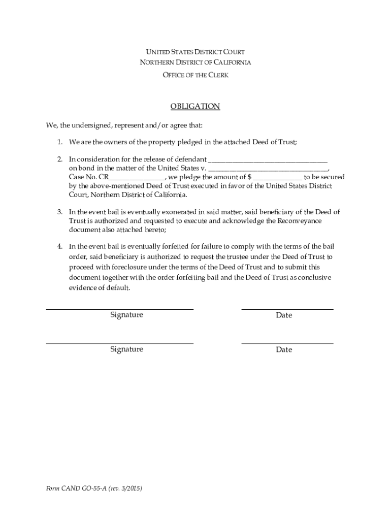 Fillable Online cand uscourts Justia :: General Order 55 Bond ...