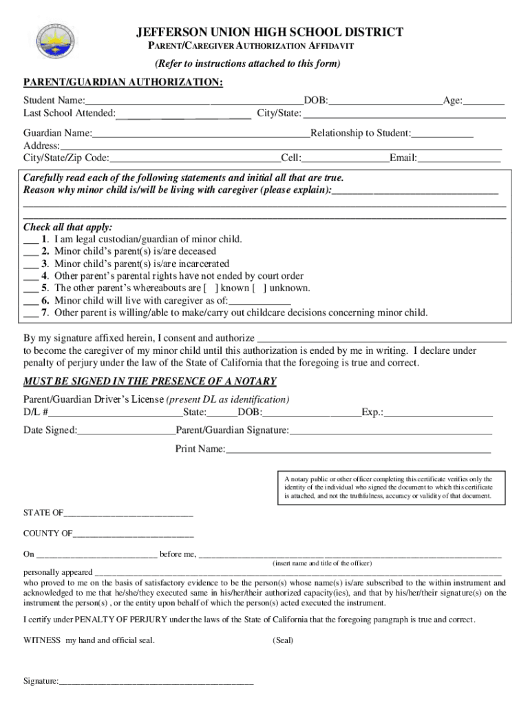 Fillable Online JEFFERSON UNION HIGH SCHOOL DISTRICT P /CAREGIVER AUTHORIZATION AFFIDAVIT Fax ...