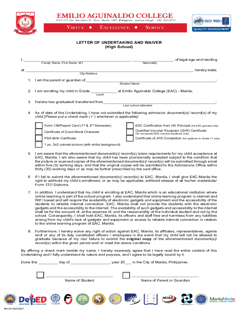 Fillable Online eac edu Undertaking Letter for School Admission ...