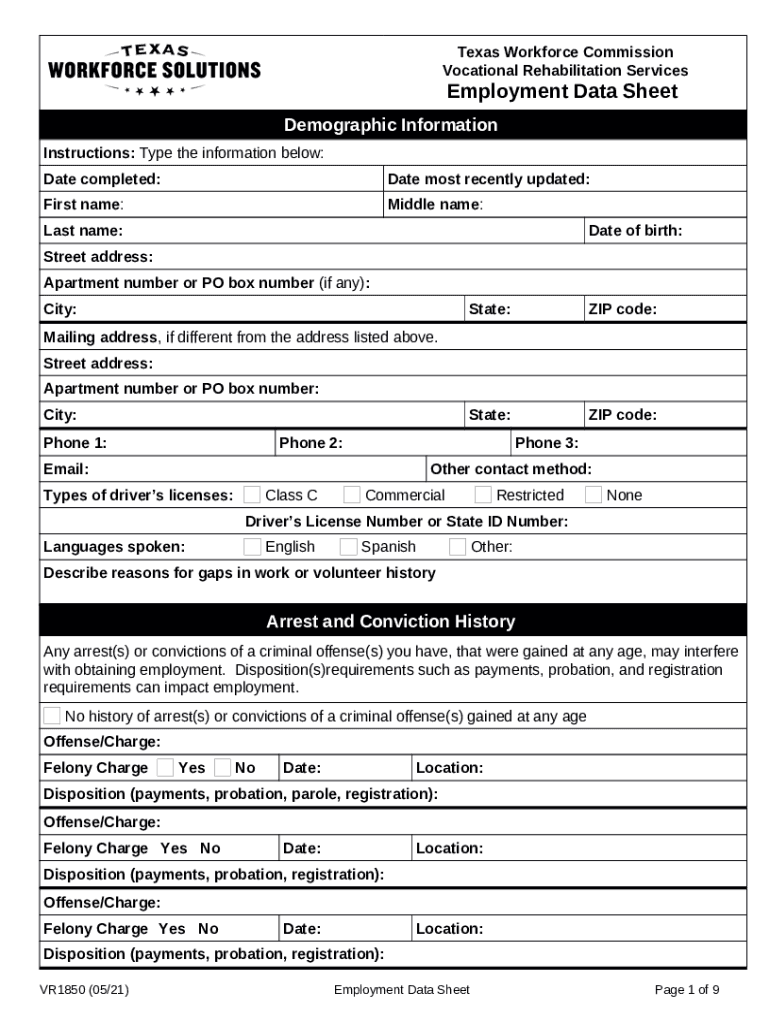 workforce.texas.govsVR1850VR1850 Employment Data Sheet - workforce ...