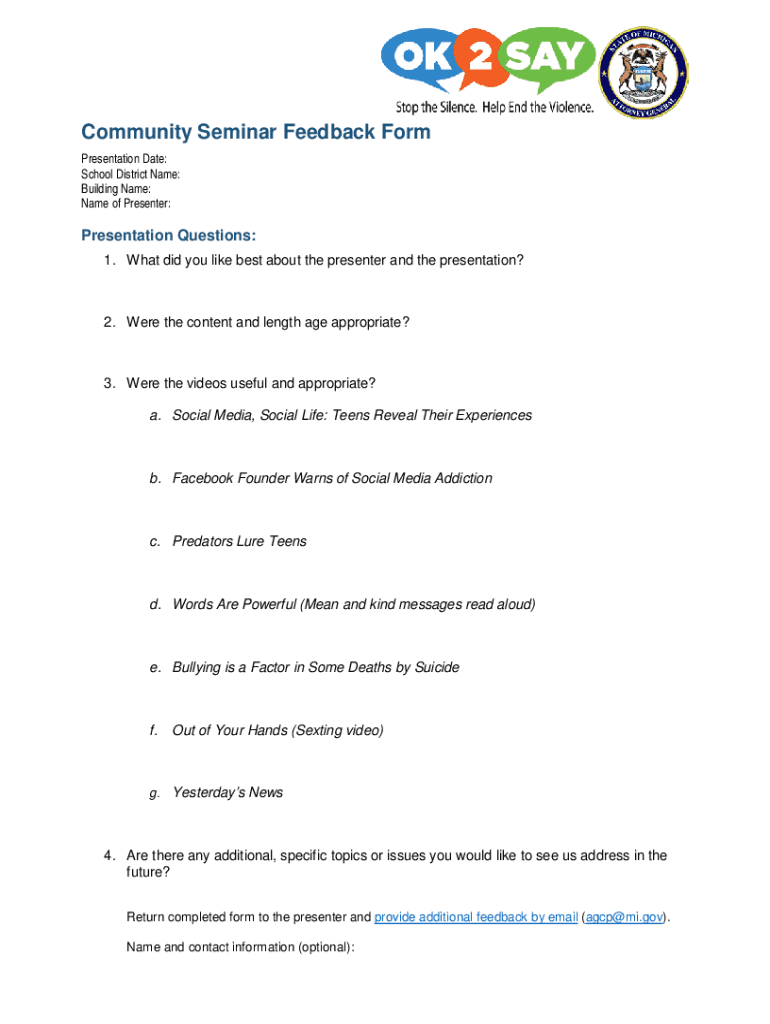 Fillable Online Community Seminar Feedback Form. Community Seminar ...