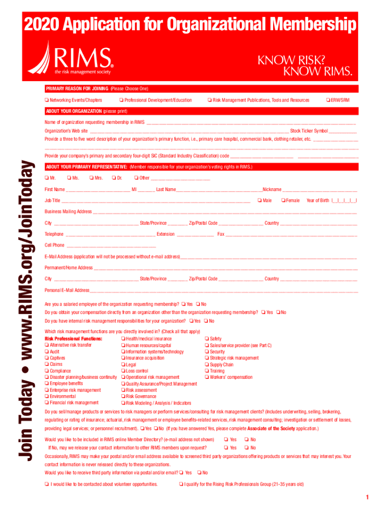 Fillable Online 2020 Application for Organizational Membership - RIMS ...