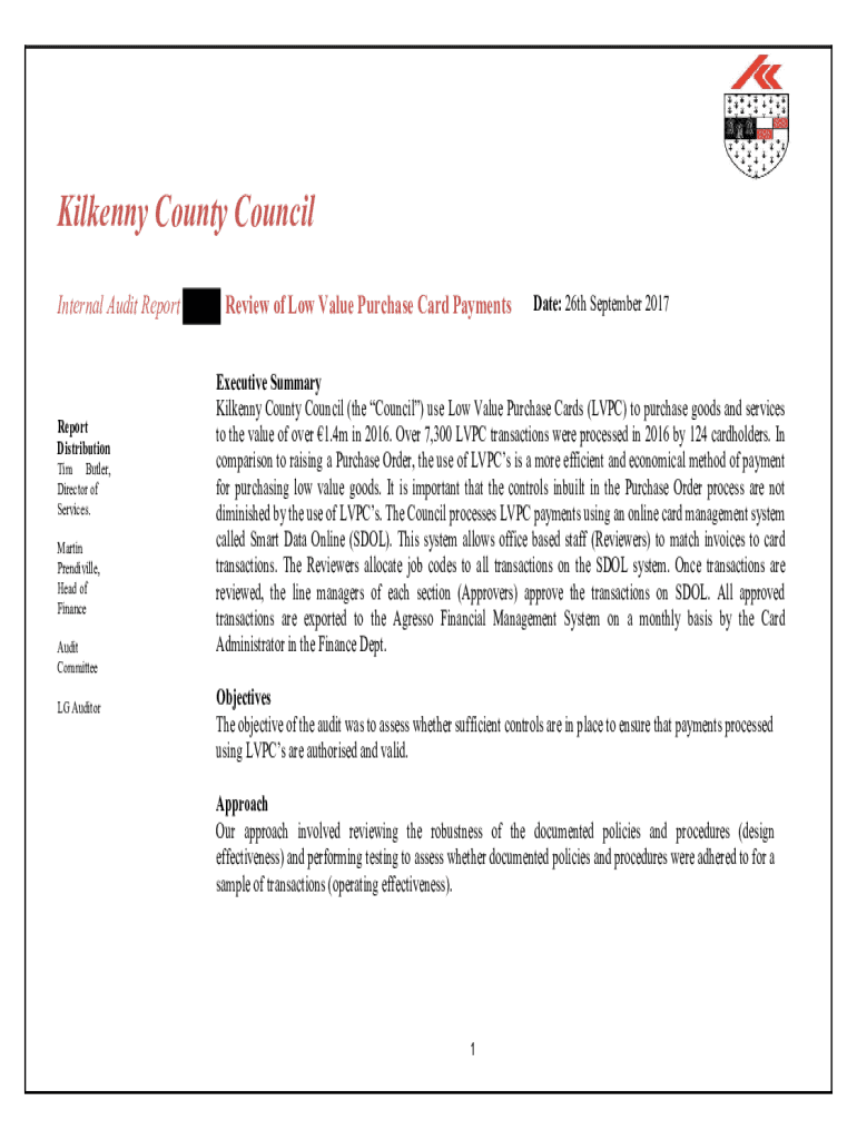 Fillable Online Internal Audit Report Review of Low Value Purchase Card ...