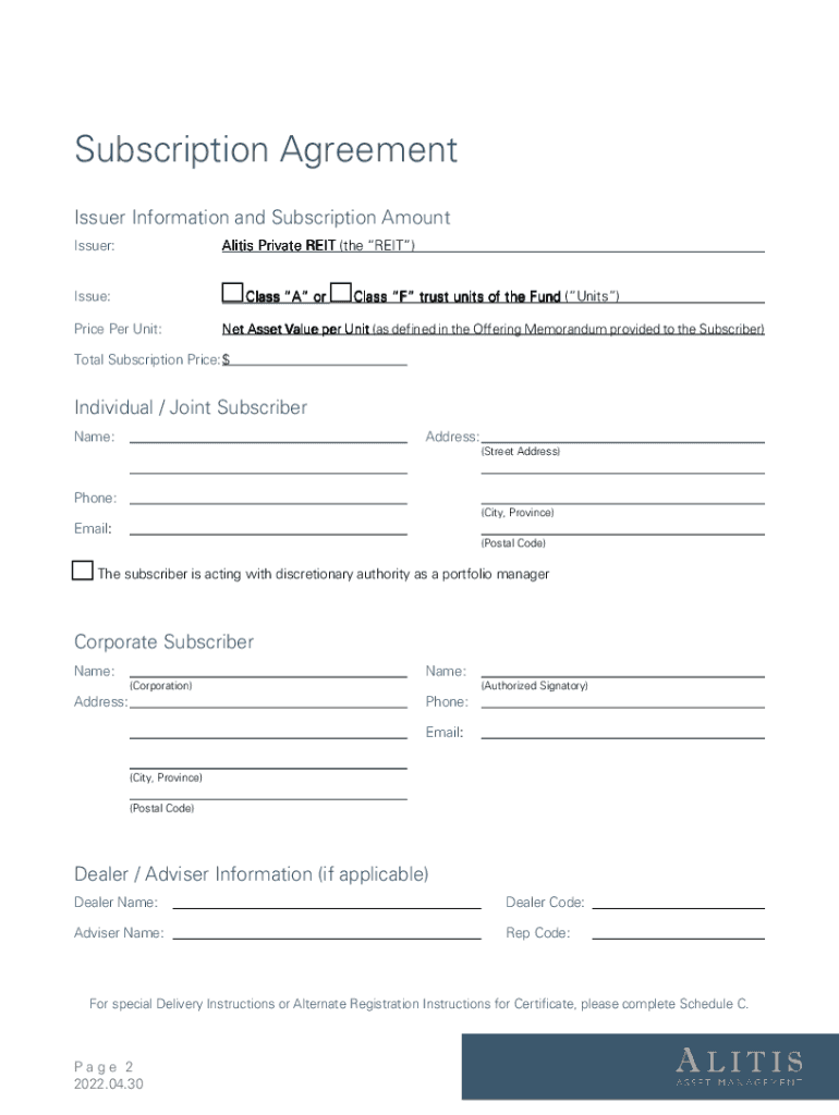 Fillable Online Alitis Private REIT - Subscription Agreement - 22.04.30.DOCX Fax Email Print ...