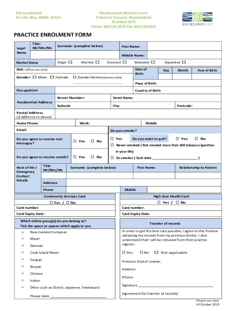 Fillable Online PRACTICE ENROLMENT FORM - Meadowbank Medical Centre Fax Email Print - pdfFiller