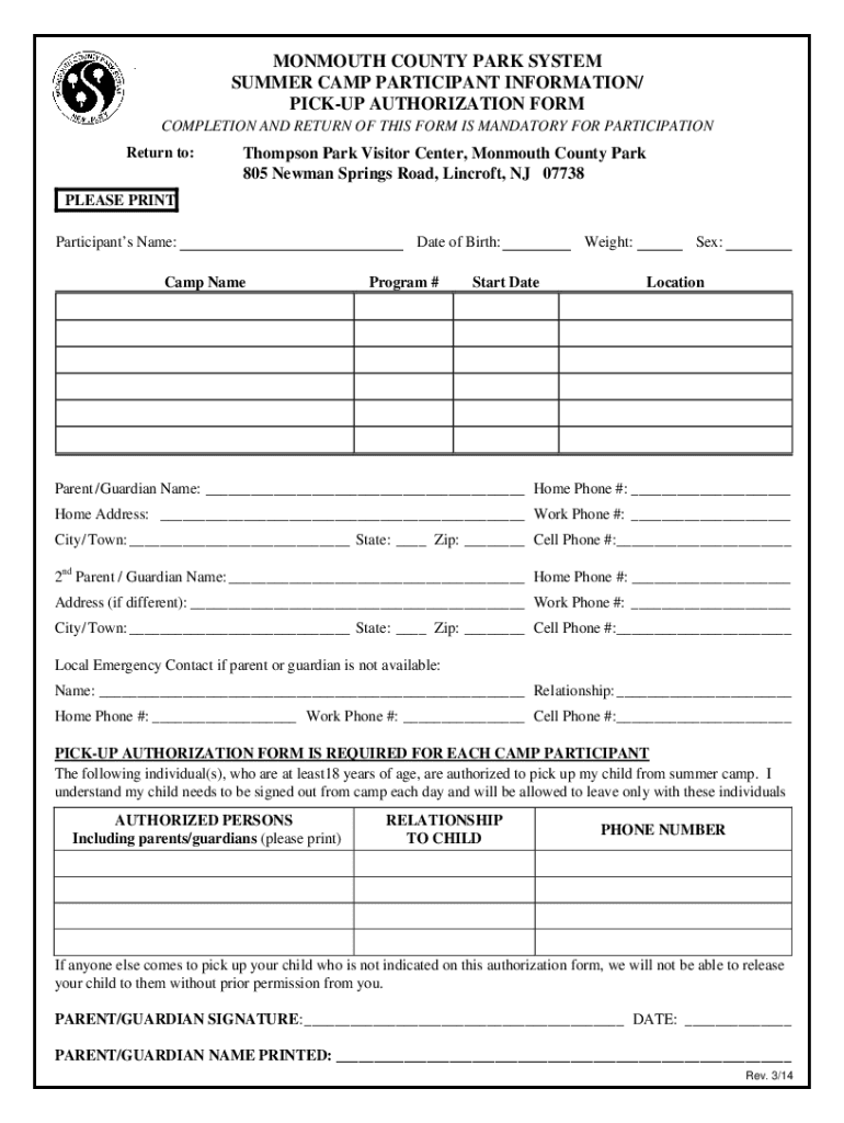 Fillable Online Participant Information and Pick-Up Authorization Form.doc Fax Email Print ...