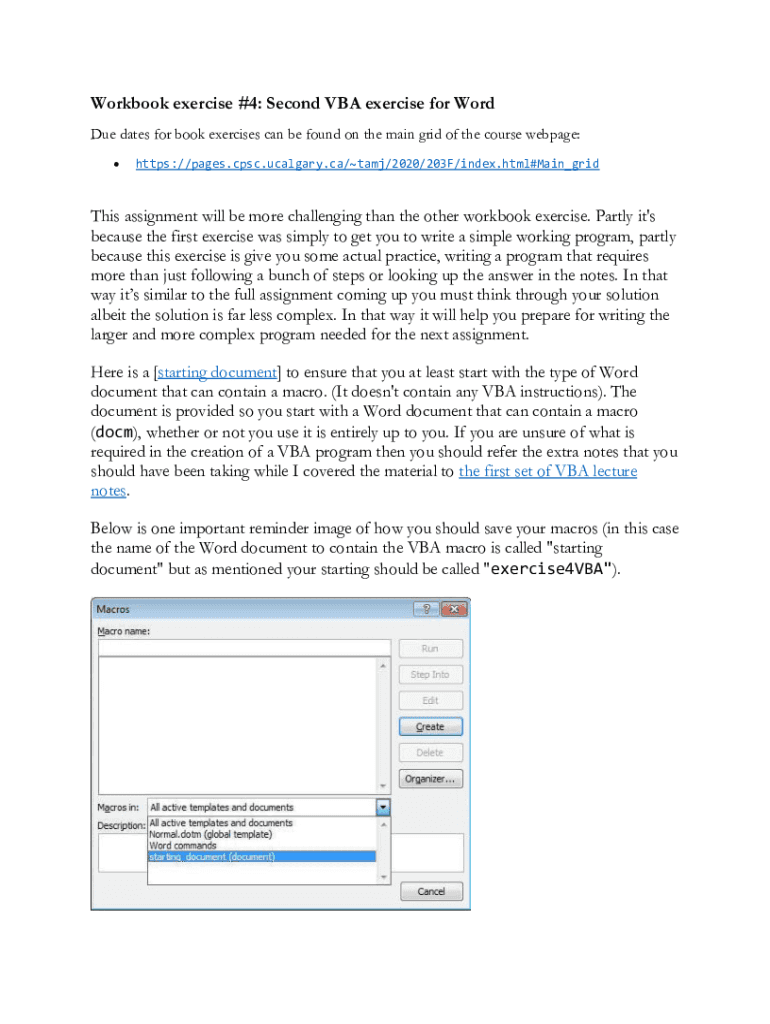 Fillable Online pages cpsc ucalgary Workbook exercise #4: Second VBA exercise for Word - Calgary ...
