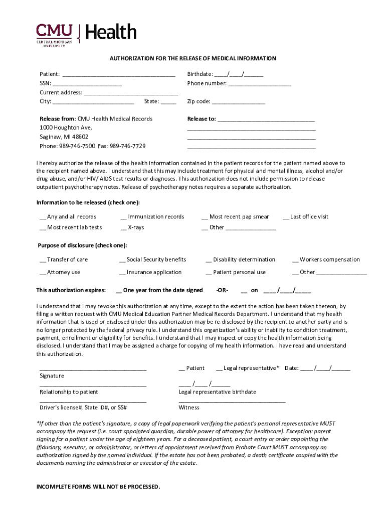 Fillable Online AUTHORIZATION FOR THE RELEASE OF MEDICAL INFORMATION - CMU Health Fax Email ...