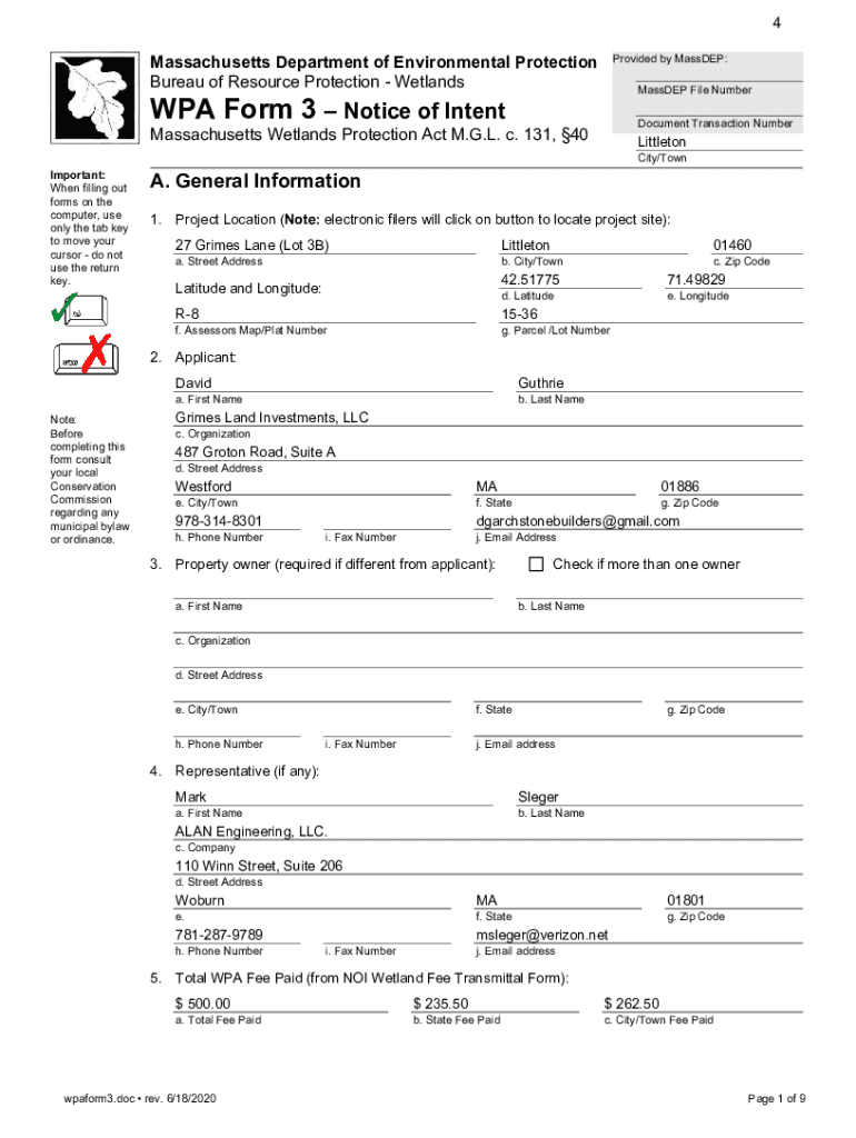 Fillable Online WPA Form 3Notice of Intent - Littleton MA Fax Email ...