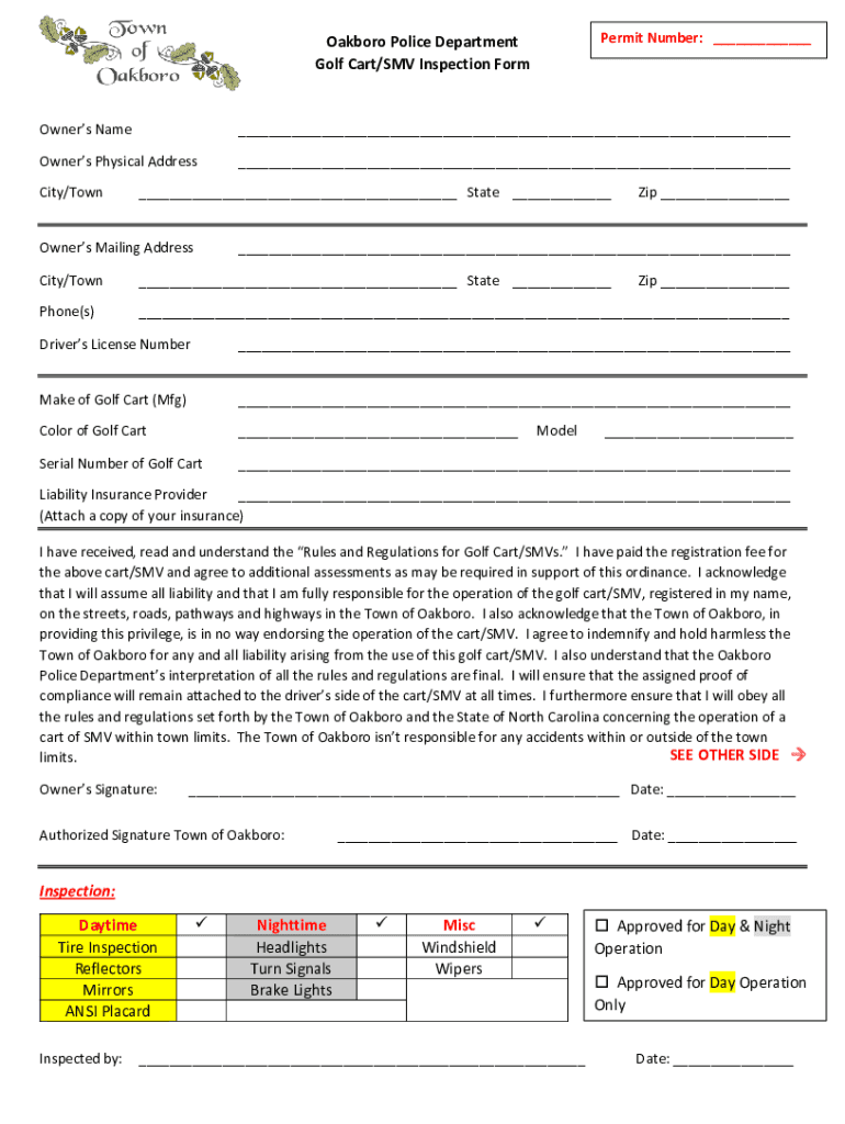 Fillable Online oakboro.comformsGolf Cart 2020Oakboro Police Department ...